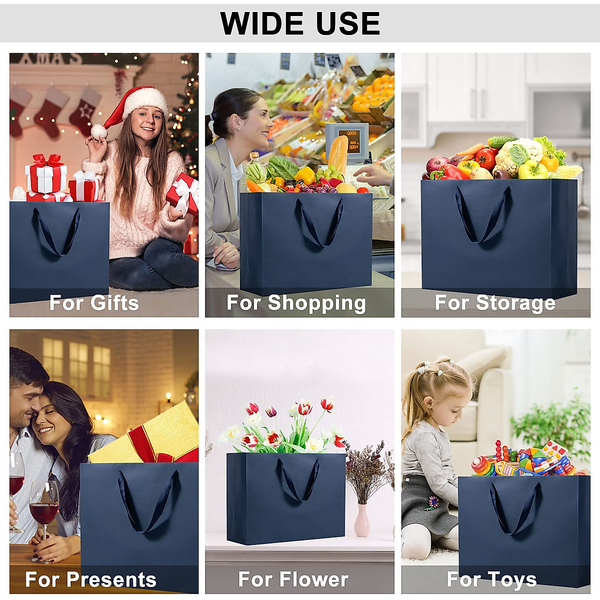 Katfort Large Navy Blue Gift Bag with Handles 12 Pack, 16''×6''×12'' Extra Large Gift Bag with Ribbon Handles, Reusable Heavy Duty Kraft Paper Bags Bulk for Shopping, Wedding, Party, Gift, Retail