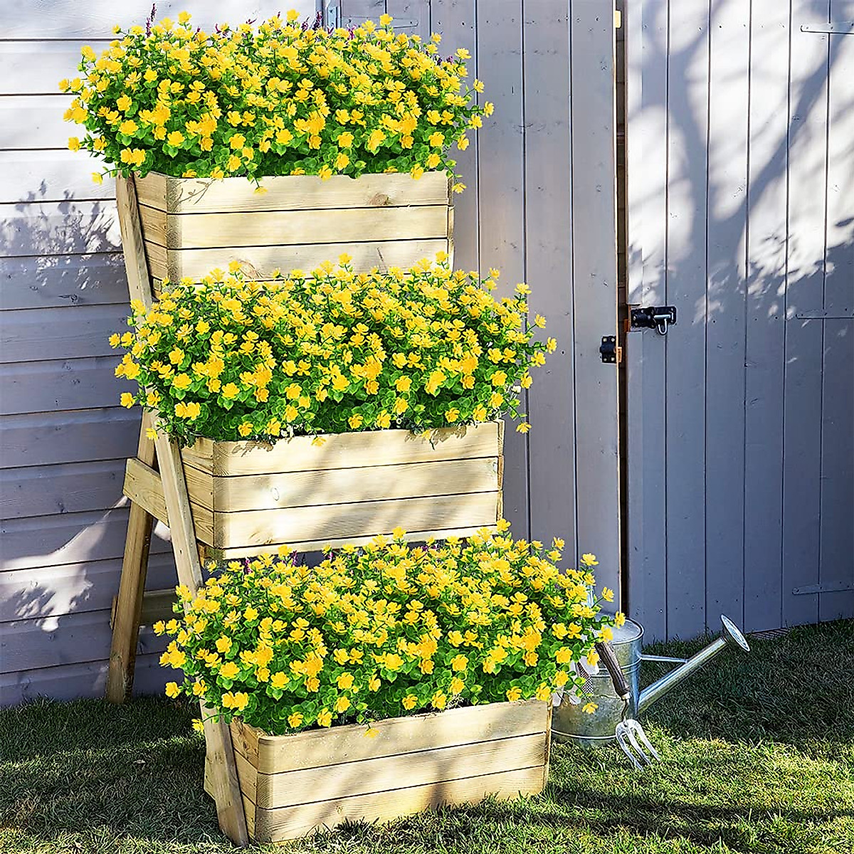 GETYARD 24 Bundles Outdoor Artificial Flowers for Decorations, No Fade Fake UV Resistant Plastic Greenery Plants for Garden Patio Porch Window Box Home Wedding Décor (Yellow)