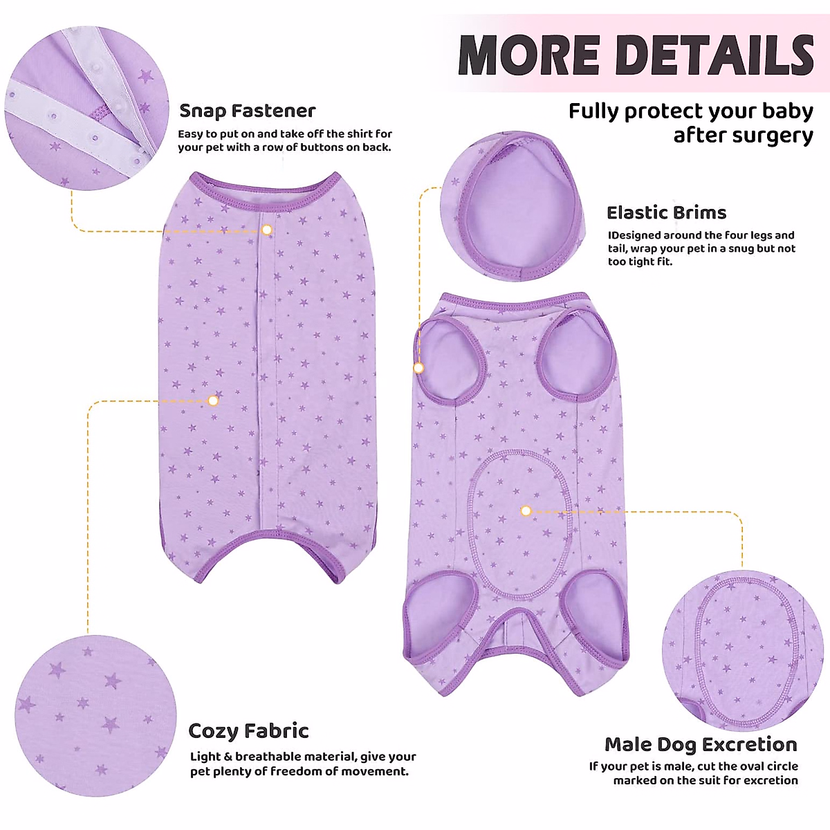 KOESON Recovery Suit for Female Dogs, Dog Recovery Suit After Spay Abdominal Wounds Protector, Bandages Cone E-Collar Alternative Surgical Onesie Anti Licking Purple Stars XL