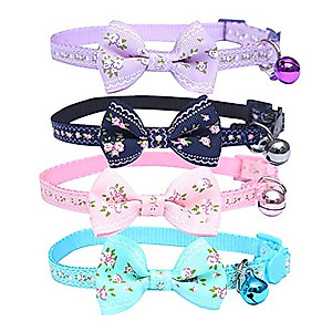 IDOLPET 4PCS Cat Collar Small Floral Cat Collar Safety Quick Release with Bell Cat Collar Adjustable Cat Collar with Bowtie for Cat Pup Kitty