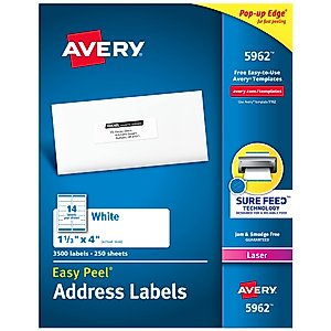 Avery Easy Peel Printable Address Labels with Sure Feed, 1" x 4", White, 3,500 Blank Mailing Labels (05962)