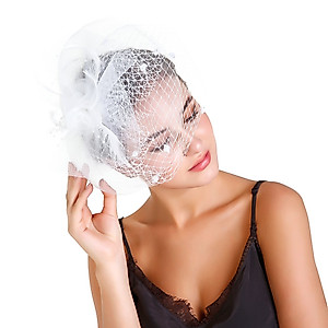 Women Cocktail Tea Party Flower Headwear Birdcage Pillbox Hat Wedding Veil Vintage Fascinator with Feather White