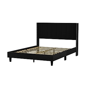 FANYHOM Queen Size Tufted Upholstered Bed Frame Low Profile Velvet Bed Frame Platform with Raised Wingback Headboard/No Box Spring Required/Wood Slat Support/Black
