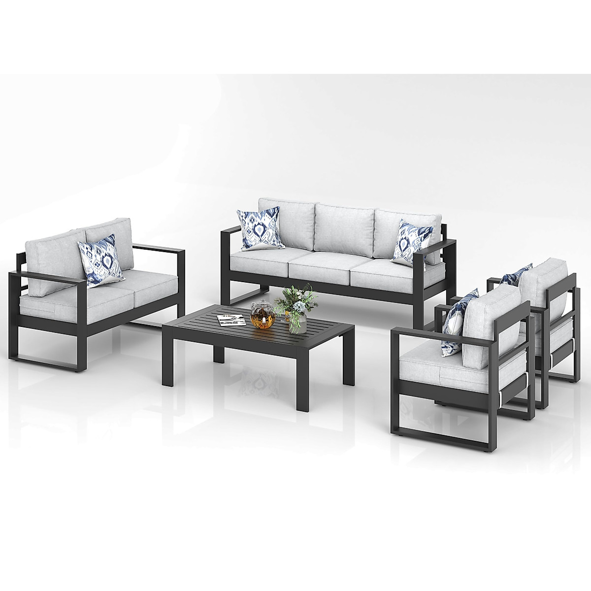 KHOLH 5 Piece Modern Aluminum Patio Furniture Set, Outdoor Patio Sectional Conversation Metal Seating Sets with Olefin Cushion and Coffee Table