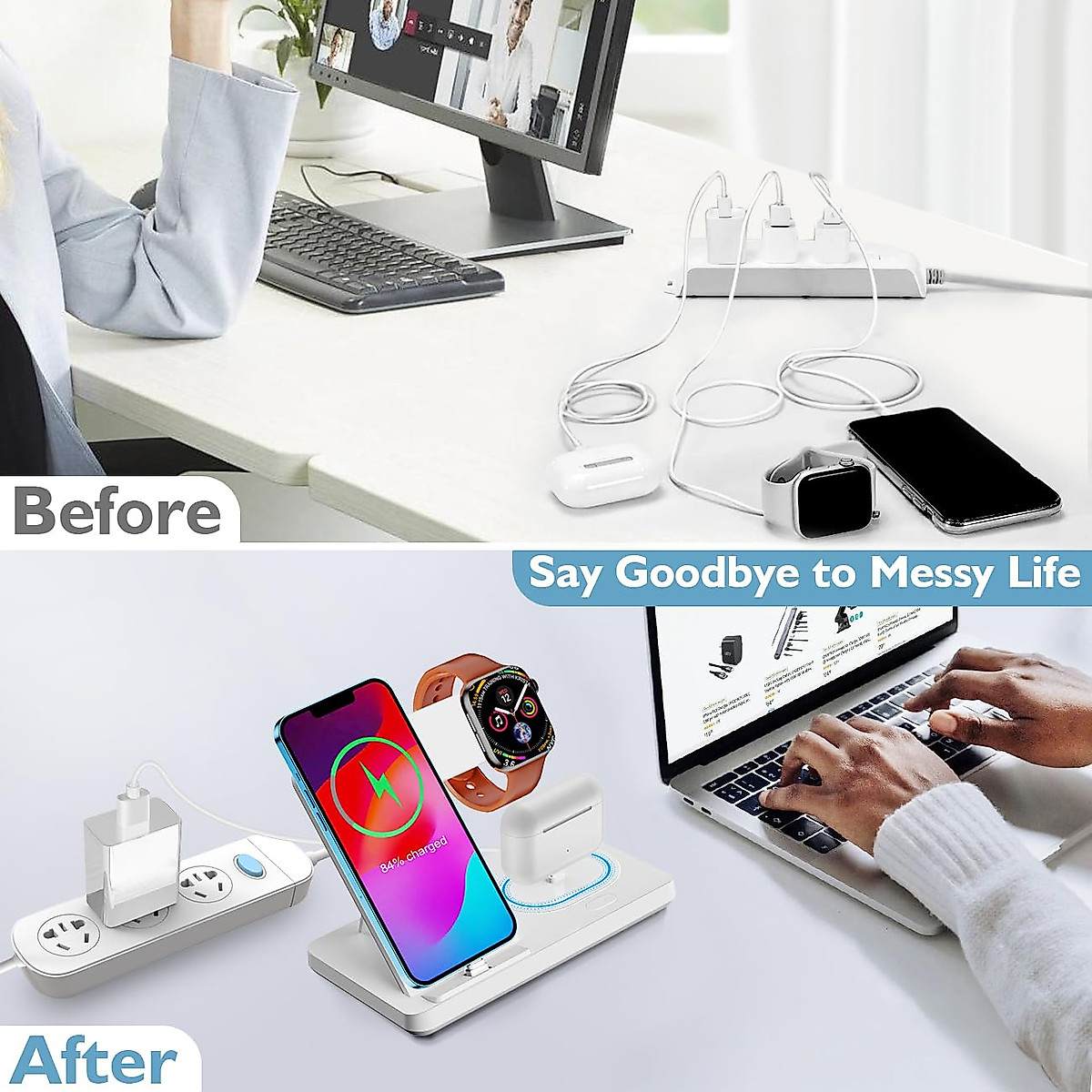 TPLISAK Charging Station, 3 in 1 Fast Charging Stand Dock for Apple: iPhone 14 13 12 11 Pro X Max XS XR 8 7 Plus 6, Apple Watch, AirPods, 18W Adapter, USB Type C, White, Charging Adapter