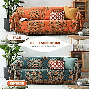 Y-PLWOMEN Boho Throw Blanket - 100% Cotton Soft Bohemian Queen Quilt Blanket for Bed, Orange Floral Reversible Throw Blanket for Couch Sofa Chair, 90"x98" Farmhouse Throw Blanket for All Season