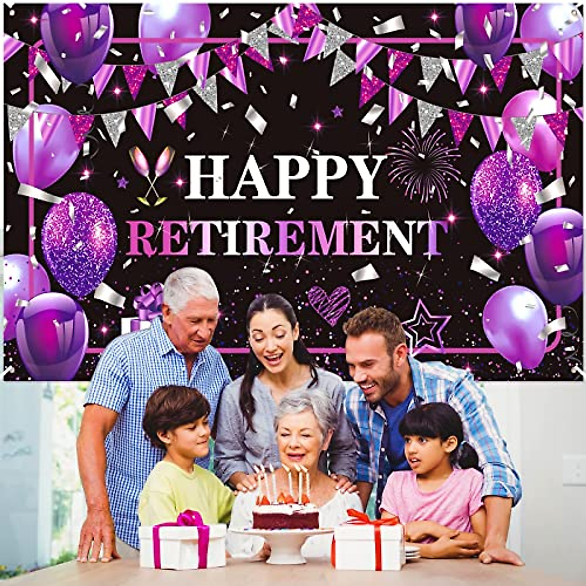 Purple Happy Retirement Banner Decorations Large Purple and Black Retirement Backdrop Sign in Retirement Theme Party Photo Booth Background for Women Men Retirement Office Farewell Party Supplies