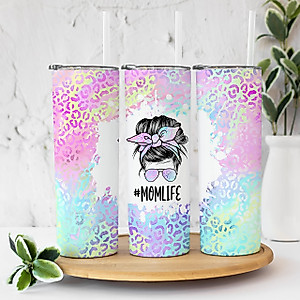 YouNique Designs Iridescent Leopard Mom Coffee Tumbler with Straw and Lid, 20 Oz, Insulated Stainless Steel Skinny Tumbler for Women, Mama Tea Tumbler, Mom Life Water Tumbler Cup