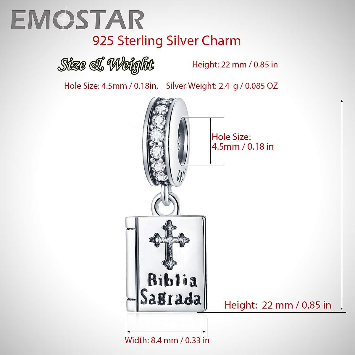 Dangle Holy Bible Book Charms Engraved Biblia Sagrada with Religious Cross, Sterling Silver Prayer Biblical Beads Pendant fit Pandora Christian Bracelet, Gifts for Christmas/Believer