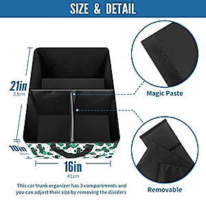 Cactus Summer Tropical Print Car Trunk Organizer,Collapsible Cargo Storage Tote Bag,Non Slip,3 Divider Compartments, Automotive Interior Accessories for Auto SUV Truck Vehicle Picnic Camping