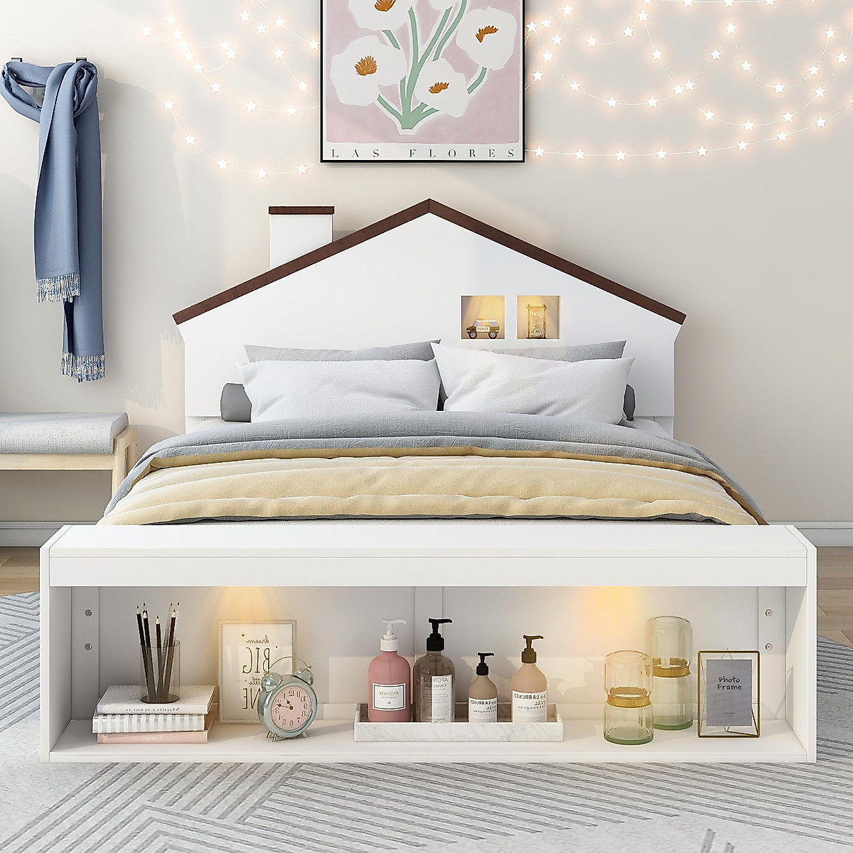 Merax Full Size Platform Bed, Wood Full House Platform Bed Frame with LED Lights and Storage, White