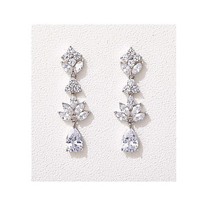 SWEETV Teardrop Wedding Earrings for Brides Birdesmaid, Crystal Cubic Zirconia Bridal Drop Earrings for Women Prom, Silver