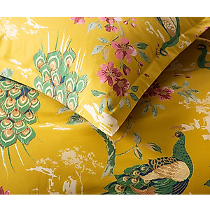 Eikei Chinoiserie Chic Peacock Floral Duvet Cover Paradise Garden Botanical Bird and Tree Branches Vintage Stylized Long Staple Cotton Bedding Set (Queen, Citrine)