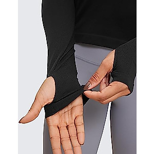 CRZ YOGA Womens Seamless Ribbed Workout Long Sleeve Shirts Quick Dry Gym Athletic Tops Breathable Running Shirt Black Medium