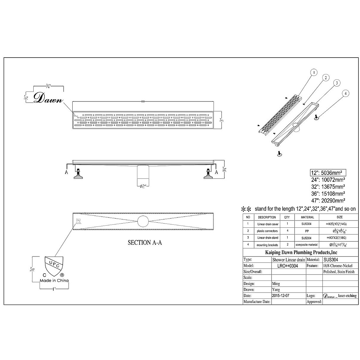 Dawn LRO120304 Contemporary Rio Orinoco River Series Linear Shower Drain, 12"