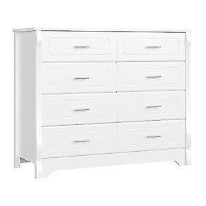HITHOS 8 Drawer Dresser for Bedroom, White Dresser, 47" Wood Dresser & Chest of Drawers, Modern Double Storage Dresser Cabinet with Deep Drawers | Metal Handles for Living Room, Hallway, Entryway