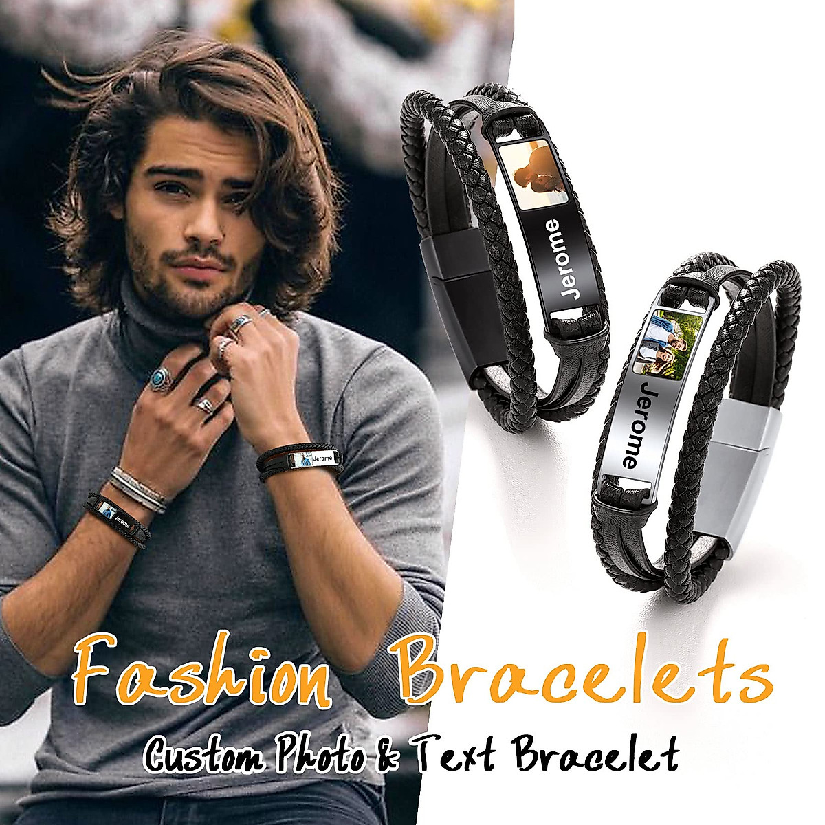 U7 Fathers Gift Bracelet with Picture Side, Braided Black Leather Cuff Bracelet Personalized Photo Printing Custom Engraved Bar Layered Wrap Bracelets for Men Women