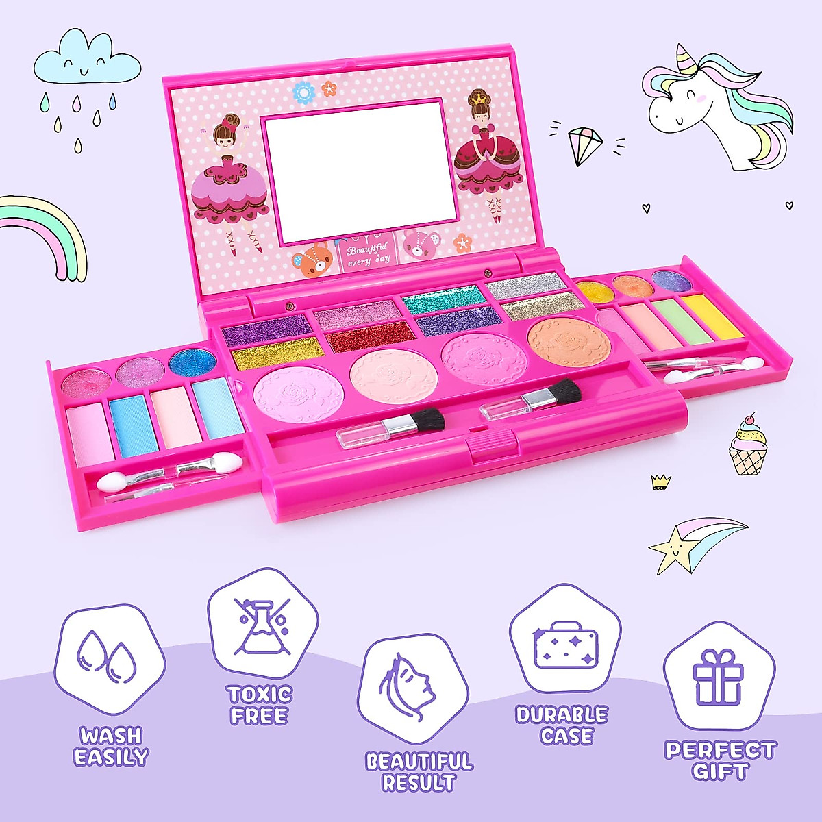 AMOSTING Real Makeup Toy for Girls Pretend Play Cosmetic Set Make Up Toys Kit Gifts for Toddler Kids