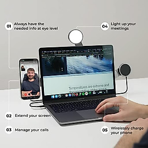 Rolling Square Edge Full Kit with Cell Phone Holder, 15W Magnetic Wireless Charger, and 280-Lumen Laptop Monitor Light for Zoom Meetings, Carrara White