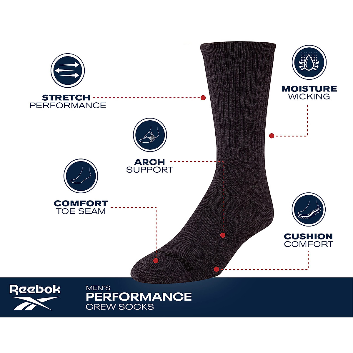Reebok Men's Cushioned Comfort Athletic Performance High Crew Socks (5 Pack), Size 6-12.5, Classic Black