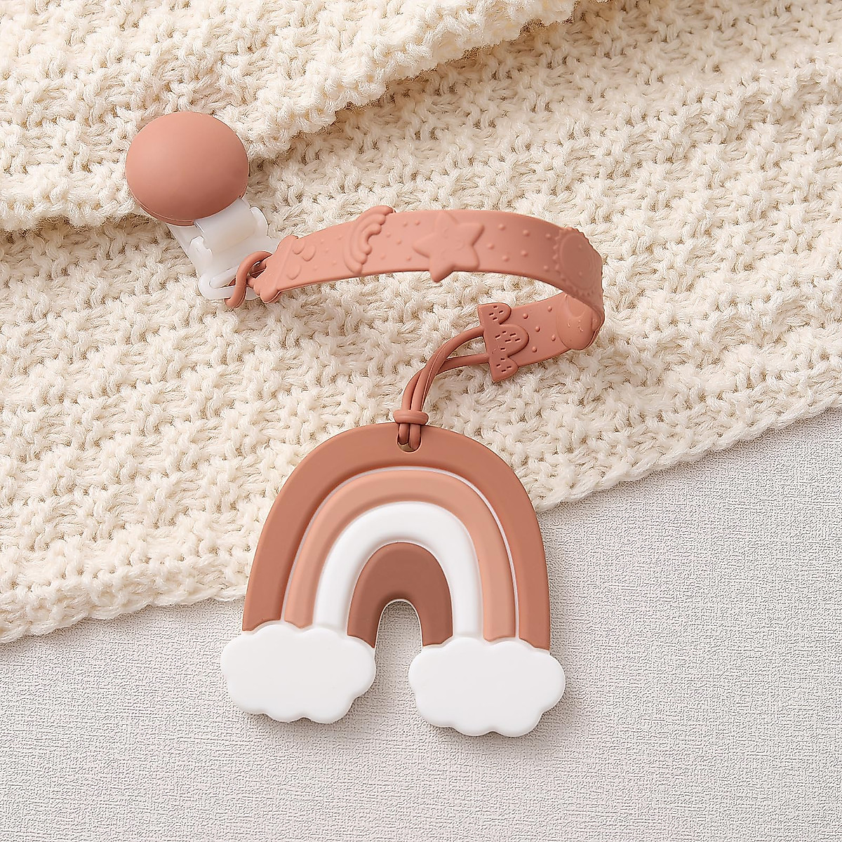 Teething Toys for Babies 0-6 Months Baby Teethers with Clip Silicone Baby Teether Toys for Boys and Girls Infant Teething Toys for Babies Rainbow Shape with Travel Case-Terracotta