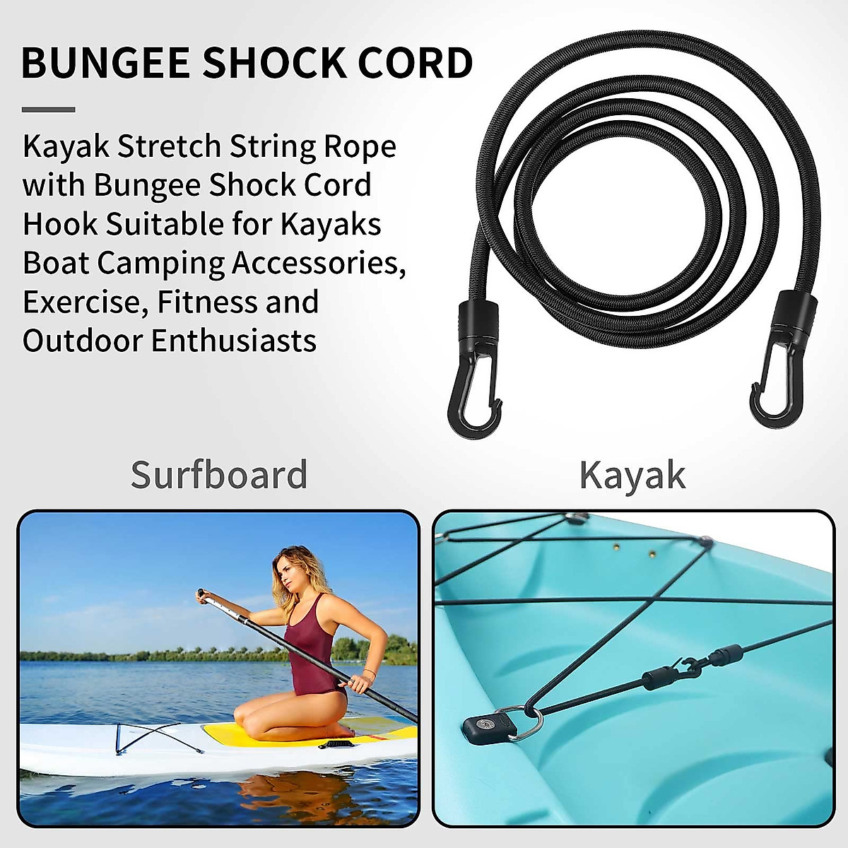 1/4" x 10' Elastic Bungee Shock Cord - Kayak Stretch String Rope with Bungee Shock Cord Hook Suitable for Boat Camping Accessories, Exercise, Fitness and Outdoor Enthusiasts (10 Feet Rope + 4 Hooks)