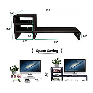 Ufine Wood Monitor Stand Riser with 3-Tier Storage Shelf 31.5 inch Desktop Organizer Computer Laptop PC Printer Telephone Stand for Office Dorm Home, Space Saving Black