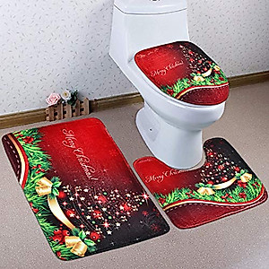 Uspring 4 Pcs Merry Christmas Shower Curtain Sets with Non-Slip Rugs, Bath Mat, Toilet Lid Cover and 12 Hooks, Xmas Tree Ball Snowflake Red Shower Curtain for Christmas Decoration