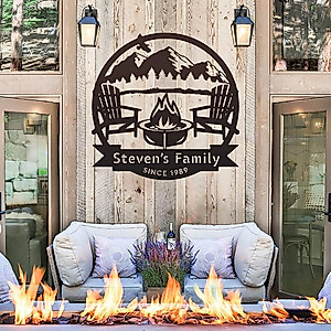 RealSteel Personalized Campfire Name Sign - Custom Metal Wall Art with Adirondack Chairs, Mountains, and Campfire Scene - Rustic Cabin, RV, and Campsite Decor - Gift for Campers & Nature Lovers - Black, 18"