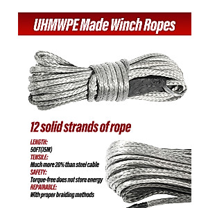ESEWALAS Synthetic Winch Rope Kit,3/16 Inch x 50 Feet 8,350LBs Synthetic Winch Rope ATV Winch Line Cable Rope with Steel Hook Rubber Stopper Protecting Sleeve/Sheath and Thimble