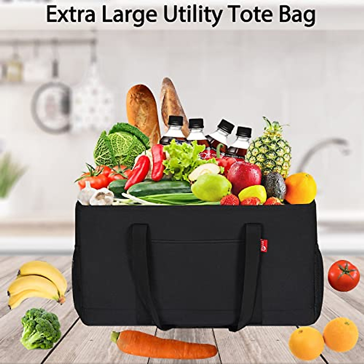 RVSNQ Extra Large Utility Tote Bag, Foldable Reusable Grocery Bags, Collapsible Tote with Metal Wire Frame & Reinforced Bottom Board, Stand up Large Utility Tote for Grocerie, Shopping, Storage（Black）