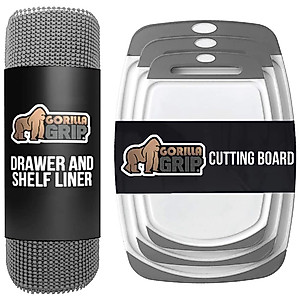 Gorilla Grip Drawer and Shelf Liner and Durable Kitchen Cutting Board, Shelf Liner Size 12 in x 20 FT, Strong Grip, Cutting Board Set of 3, Nonslip Handle and Border, Both in Gray, 2 Item Bundle