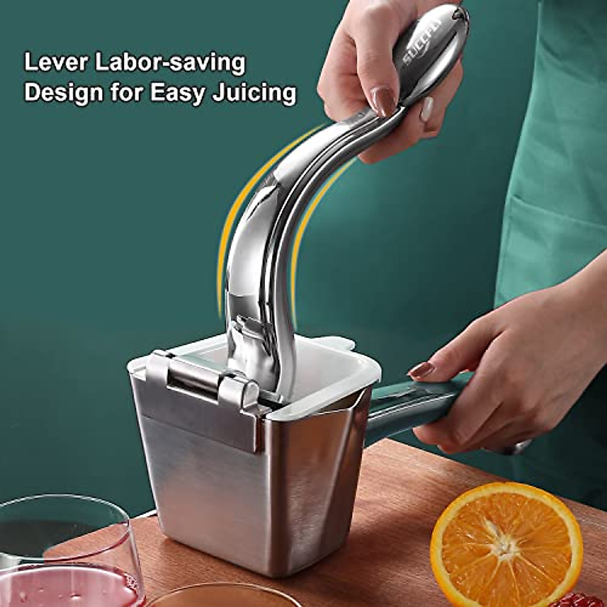 SUCCFLY Lemon Squeezer Stainless Steel, Manual Juicer Citrus Lime Orange Fruit Squeezer Heavy Duty Ergonomic Handle Labor-saving Large Capacity Juice Press Hand Handheld Juicer (5 Year Warranty)