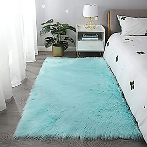60" x 35" Ultra Soft Fluffy Faux Fur Sheepskin Area Rug, Thick Fluffy Faux Fur Washable Rug, Shag Carpet Rugs, Soft Floor Plush Carpets for Nursery Room, Bedroom, Luxury Home Decor, Teal