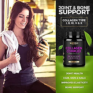 NURTURLY Multi Collagen Peptides Powder Capsules - Hydrolyzed Collagen Peptides Types (I, II, III, V & X) - Collagen Supplements for Joint Health, Anti-Aging, Hair, Skin & Nails - 120 Capsules