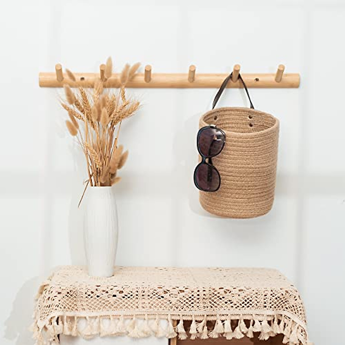 Wall Hanging Storage Baskets Jute Set of 2 Small Woven Rope Closet Organizer 6.7"x7.9" Décor with Black Leather Handle Nursery Storage Bins for Flower Plants/Garage/Shelf/Outdoor/Bathroom