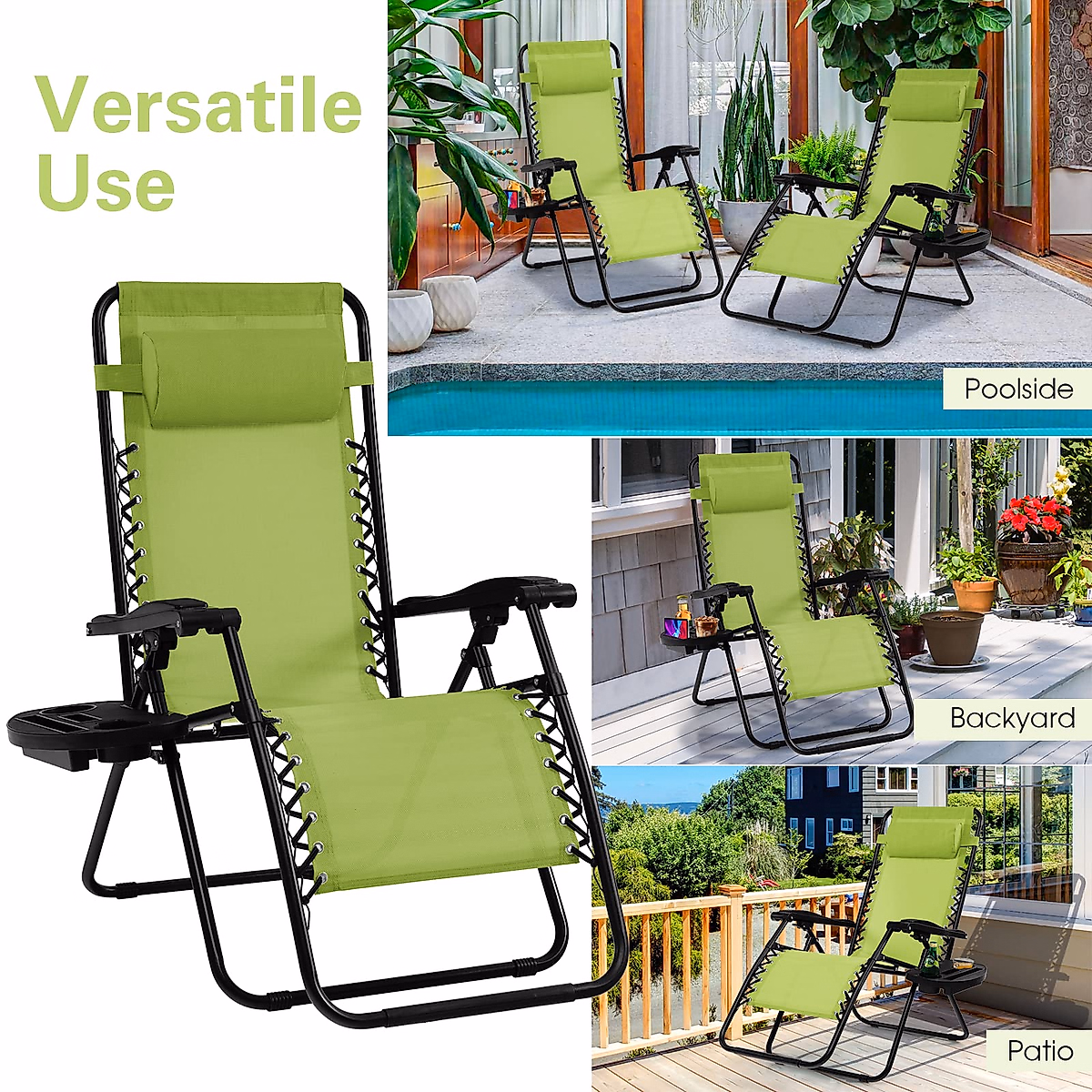 Goplus Zero Gravity Lounge Chairs, 160°Adjustable Folding Recliner w/Pillow and Cup Holder, 350LBS Comfy Outdoor Lounge Chairs for Patio, Lawn, Yard & Camp(1, Green)