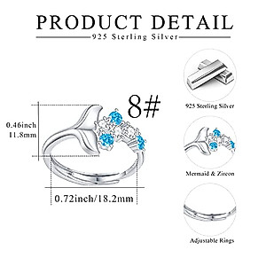 Mermaid Tail Rings Sterling Silver Whale Dolphin Tail Ring Adjustable Wave Ring Blue Mermaid Rings Fishtail Ring with Blue Cubic Zirconia Halloween Mermaid Jewelry Gifts for Women Girls