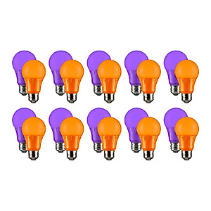 Sunlite 41938 LED A19 Halloween Value Pack, 10 Purple, 10 Orange, 3 Watts (25W=), E26 Medium Base, Non-Dimmable, UL Listed, Party Decorations, Holiday Lighting, 25,000 Hour Life Span, 20 Pack