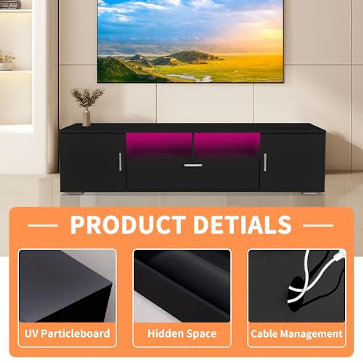 63 Inch LED TV Stand with Drawers,Modern Entertainment Center for TVs Up to 75’’,RGB Color Changing High Gloss TV Stand,Wood TV Console Cabinet for Gaming Living Room Bedroom and Office Black