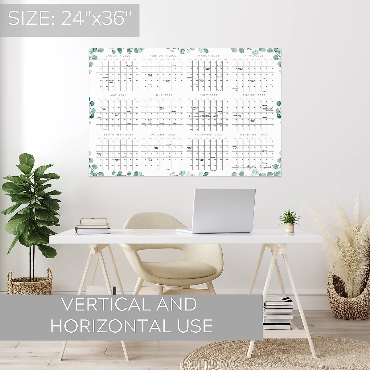 Simplified 2023 Yearly Wall Calendar - Double Sided Large 24" x 36” Calendar For Easy 12 Month Planning - Flexible Vertical or Horizontal Calendar For Your Office & Home