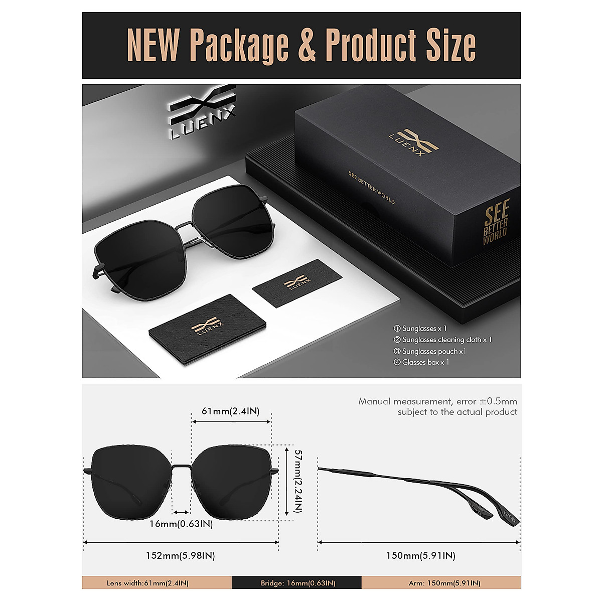 LUENX Trendy Square Oversized Women Aviator Sunglasses - Polygon Flat Three dimensional Rhombic Loop Wire Black Frame PC Grey Lens