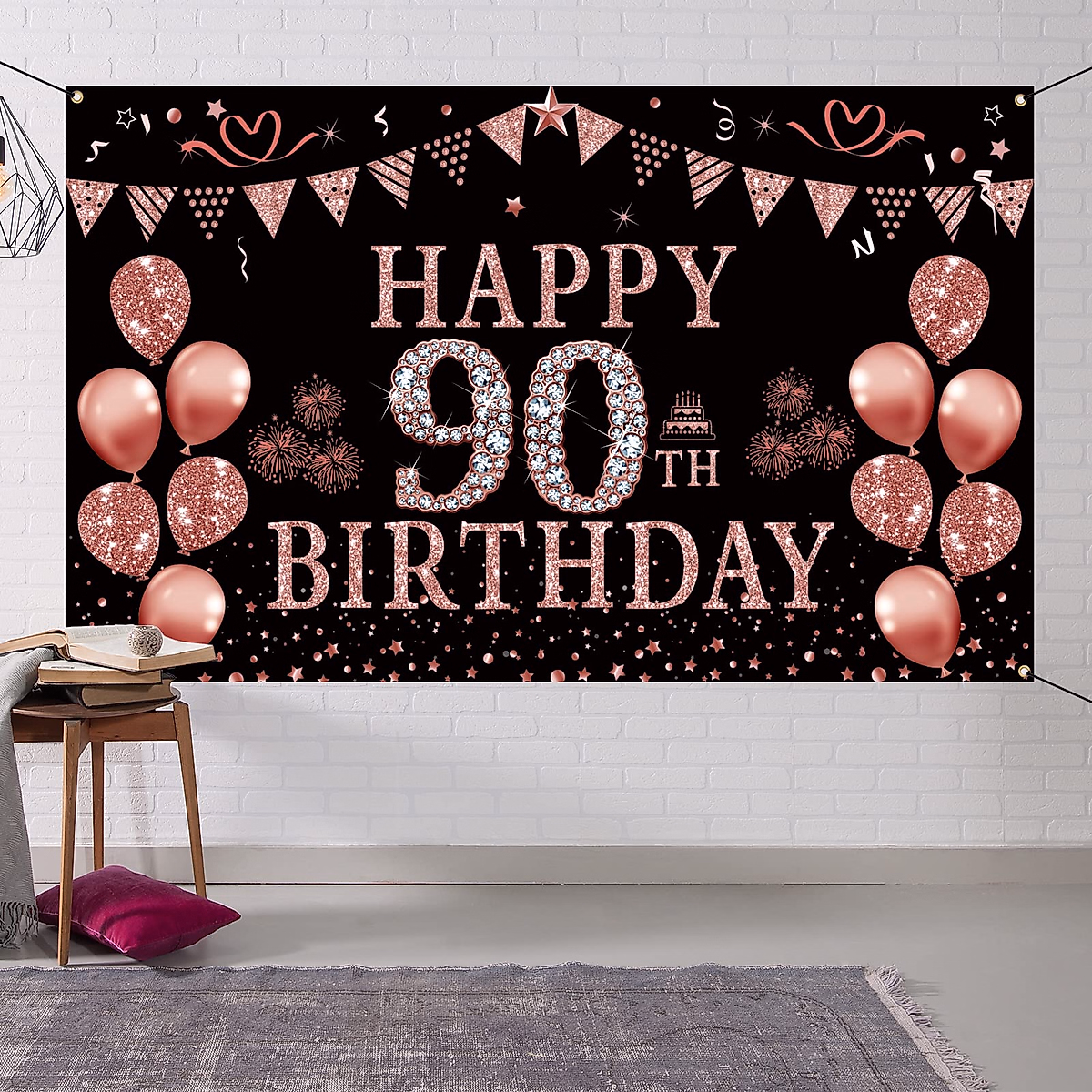 Trgowaul 90th Birthday Decorations Set: Includes Rose Gold Birthday Backdrop Banner 5.9 X 3.6 Fts, Rose Gold Back in 1933 Birthday Poster Acrylic Table Sign with Stand