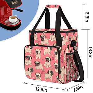 Pink Dog Pugs Puppies Coffee Maker Carring Bag Travel Storage Tote Bag Compatible with Keurig K-Mini or K-Mini Plus Portable Single Serve Coffee Brewer Case with Pockets for K-cup Pods