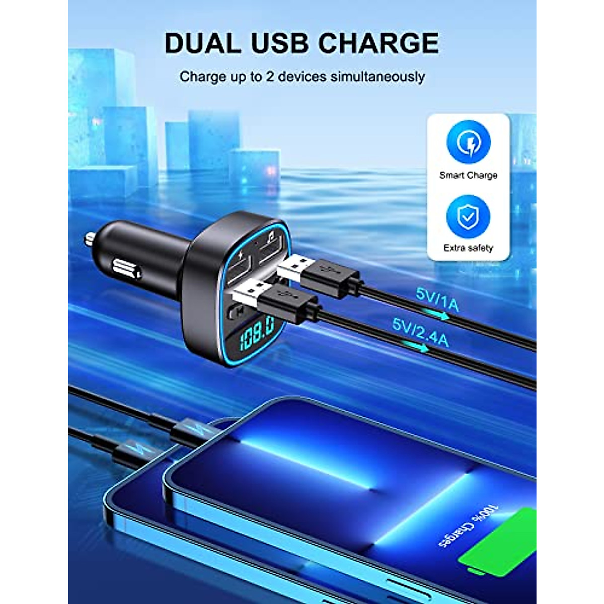 [Upgraded] COMSOON Bluetooth FM Transmitter for Car, Bluetooth Car Adapter MP3 Player FM Transmitter, Hands-Free Calling, Dual USB Ports (5V/2.4A & 1A), LED Screen, Support SD/TF Card USB Flash Drive