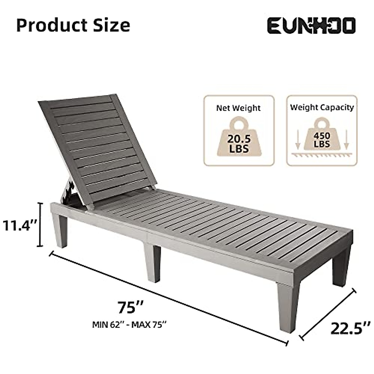 EUNHOO Outdoor Chaise Lounge Set of 2, Adjustable Pool Lounge Chair with 5 Positions Backrest, Waterproof Sun Loungers for Garden Pool Beach Patio Deck Sunbathing