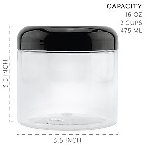 Cornucopia Brands 16oz Clear Plastic Jars w/Domed Lids (6 pack); BPA Free PET Stackable Straight Sided Canisters for Bathroom & Kitchen Storage