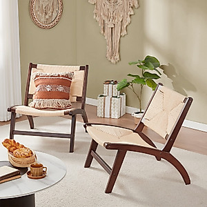 Modern Boho Accent Chairs for Living Room,Mid Century Lounge Chair,Side Chair Indoor Scandinavian Cognac Natural Wood Beech Braided Jute Woven Weave Paper Rope Seat Accent Chair