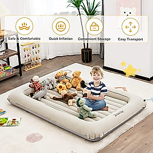 HONEY JOY Inflatable Toddler Travel Bed, Kids Blow Up Air Mattress with Sides, Includes Air Pump, Travel Bag, Repair Kit, Portable Toddler Bed for Travel with Safety Bumpers (Gray)