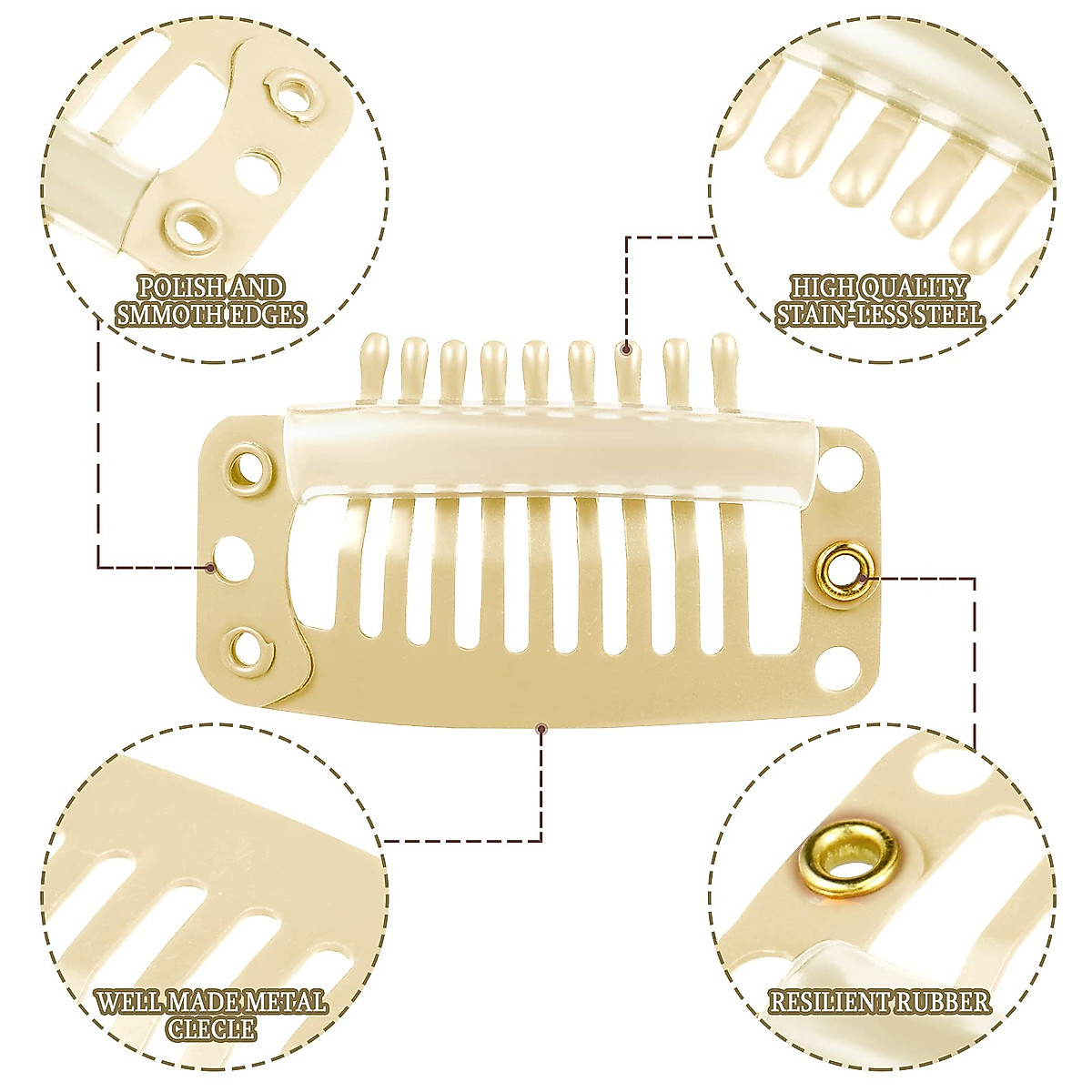 32 mm 9-Teeth Snap Clips for Women's Hair Extensions and Wigs - 30 Piece DIY Accessory Kit (Beige)